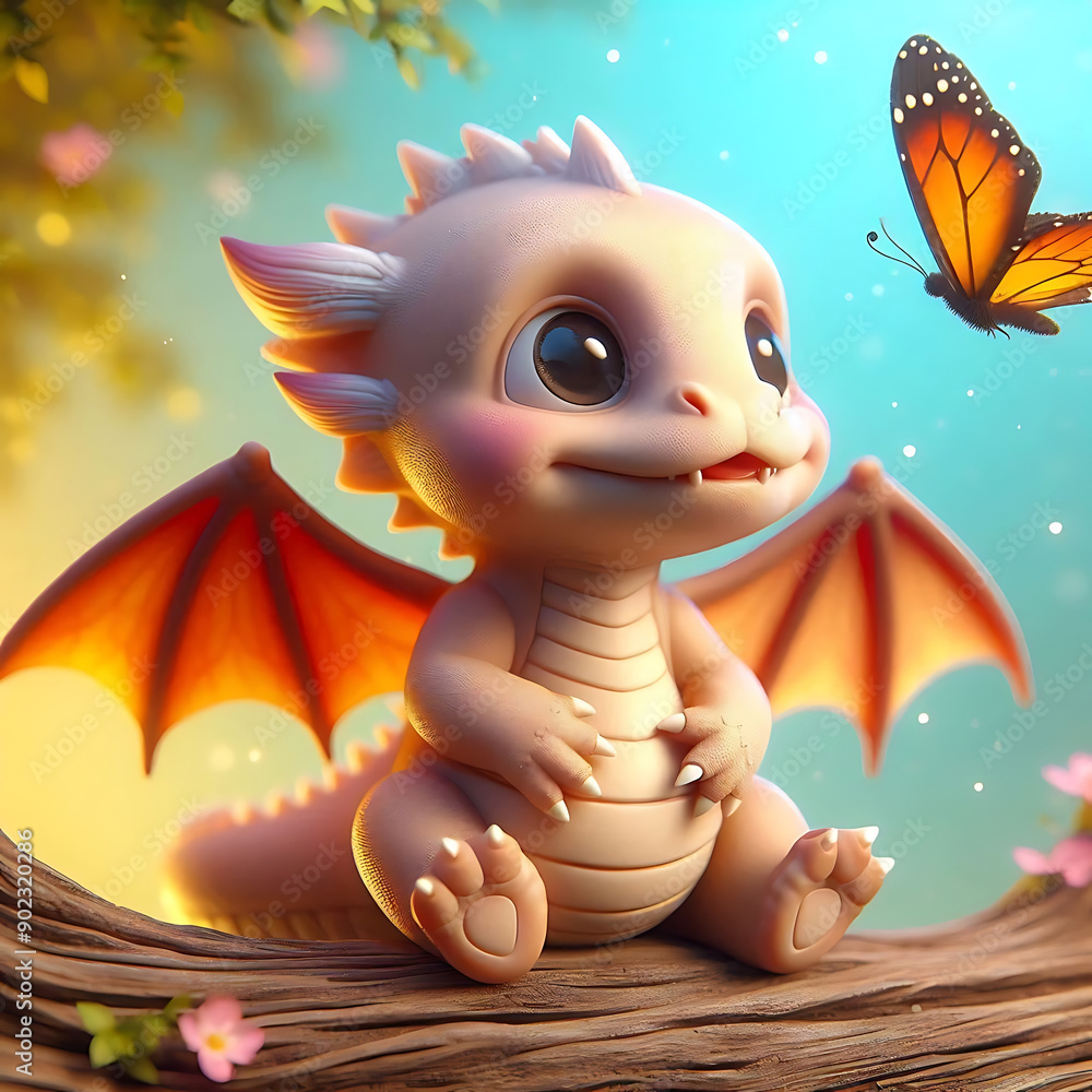 Cute baby dragon with butterfly on nature background, 3d illustration ...