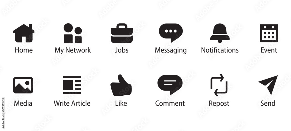 LinkedIn icon set. social media icons home, my network, jobs, message ...