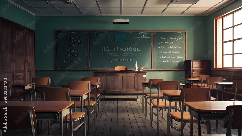 Empty classroom back to school concept in high school, highlighting a ...