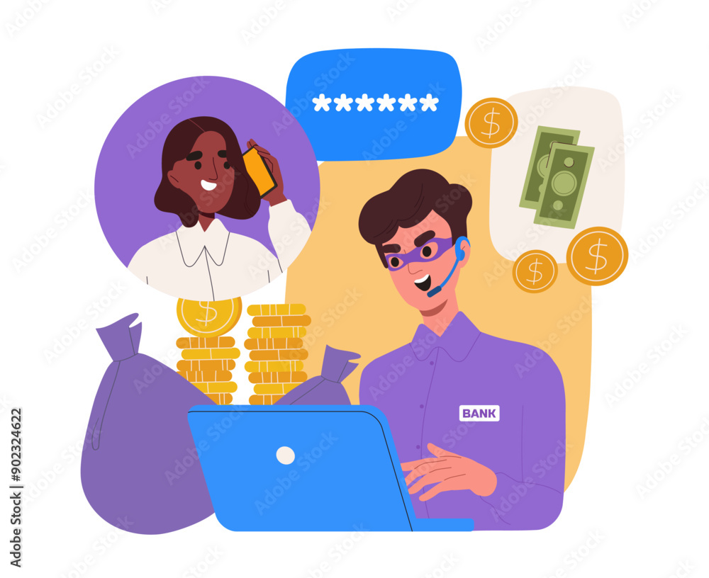 Scammer begs for money. Man wearing headset steals womans personal data ...
