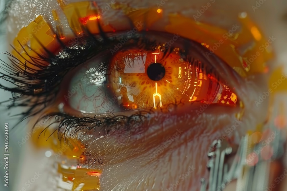 Cybernetic eye with orange elements highlighting the integration of human vision and advanced ...