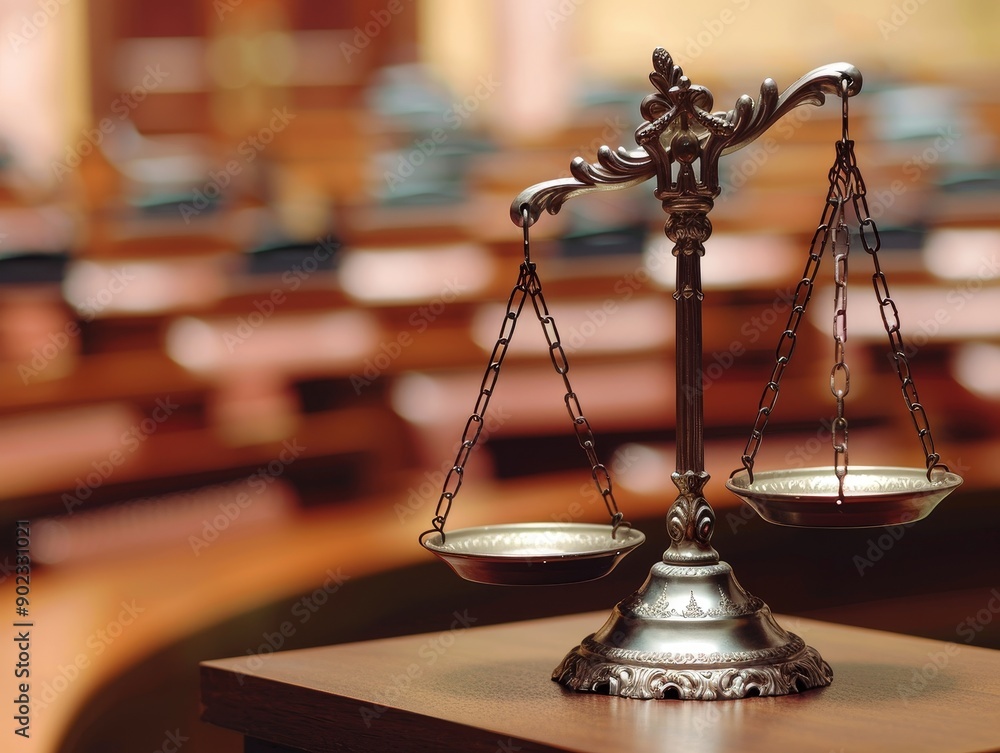 scales of justice in courtroom setting, law and order symbol, legal ...