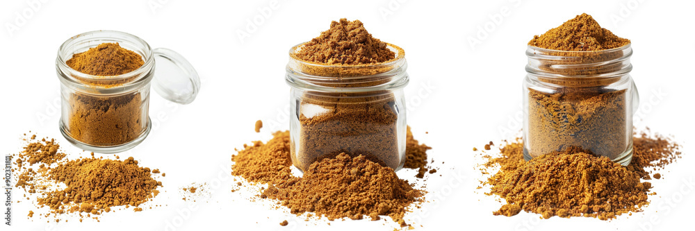Set of A glass jar of cumin powder with some powder spilled isolated on ...