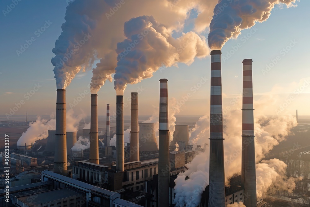 High-resolution image of multiple coal power plant smokestacks emitting ...