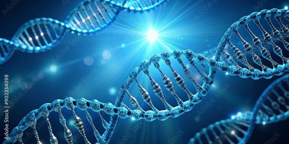 Blue background featuring symmetrical double helix DNA string molecules ...