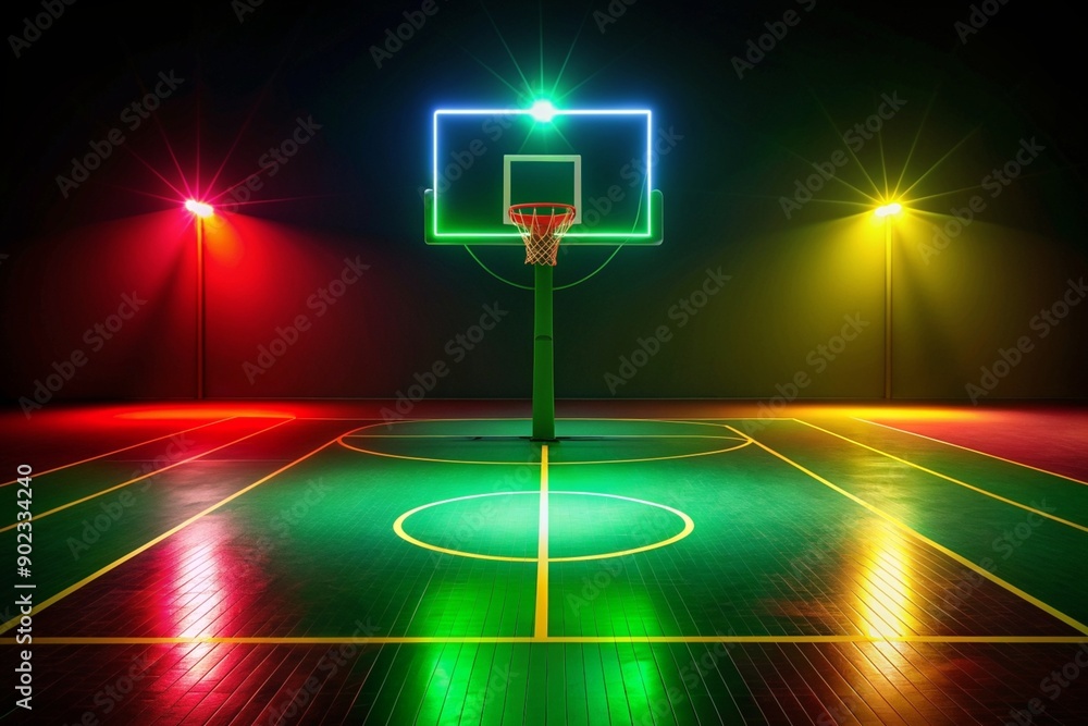 Neon basketball court glowing on a dark background in red, yellow, and ...
