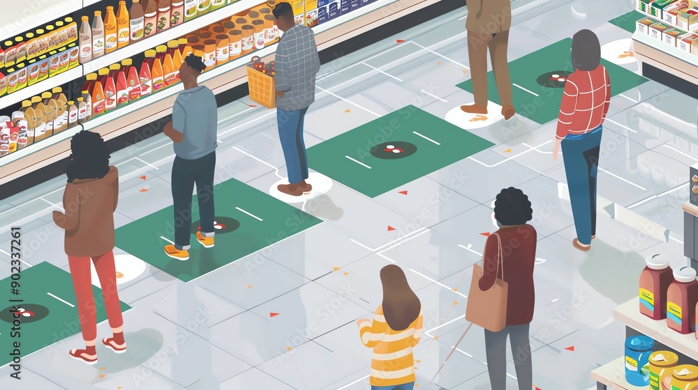 People in a grocery store are social distancing. They are standing on ...