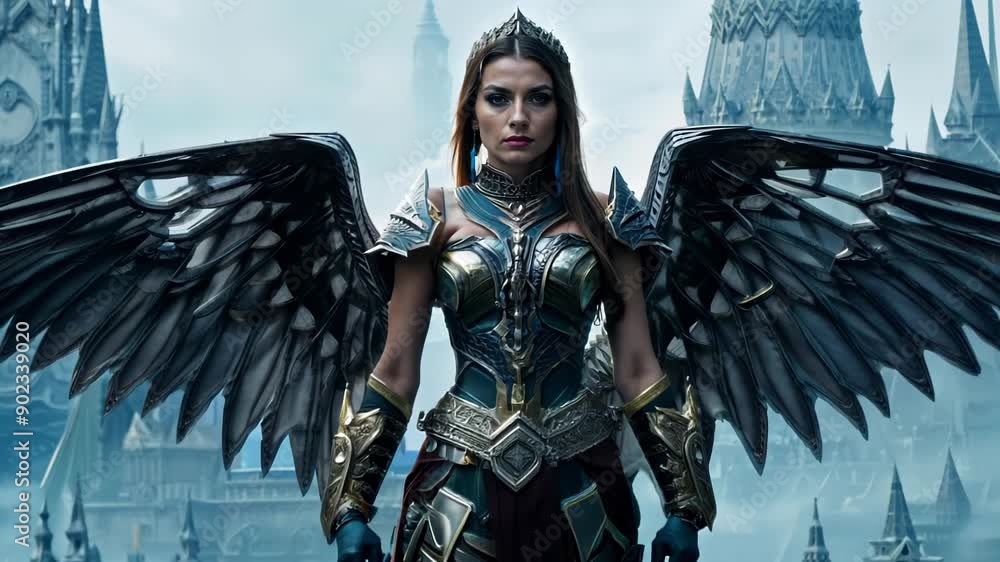 Low-angle shot: Fierce warrior with black wings stands before towering ...