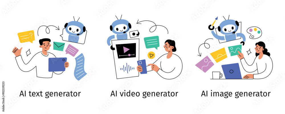 Set of vector illustrations with people using generative artificial ...