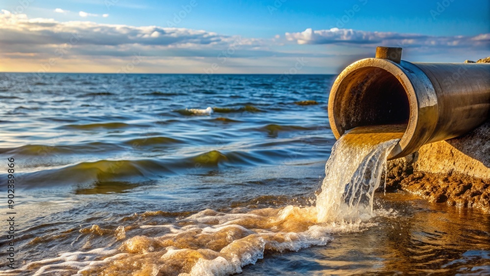 Dirty water flowing from sewage pipe into the sea, environmental issue ...