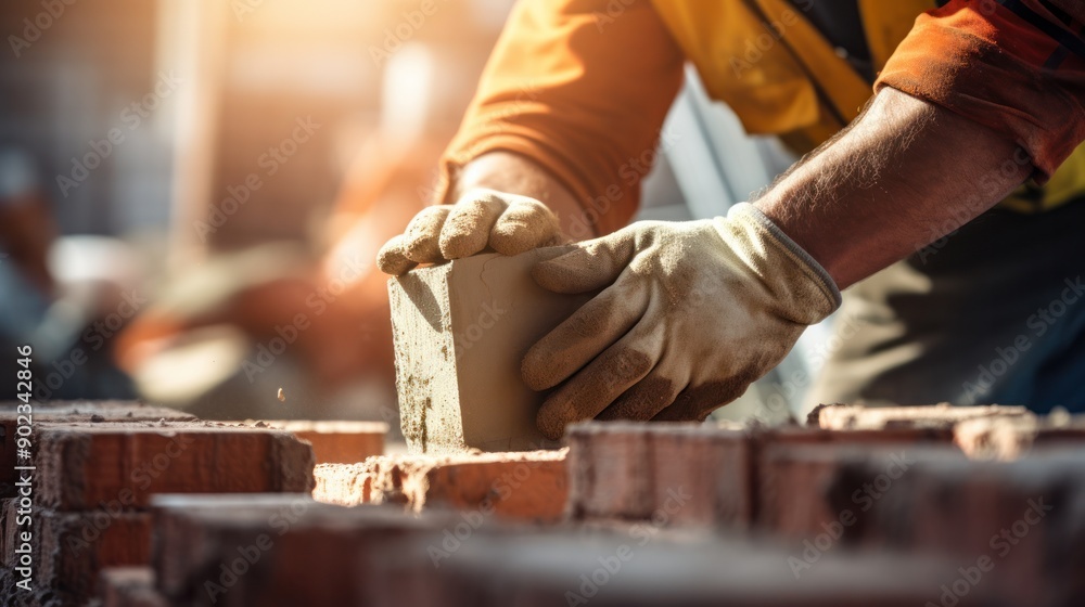 A close-up view of a skilled bricklayer meticulously placing a brick ...