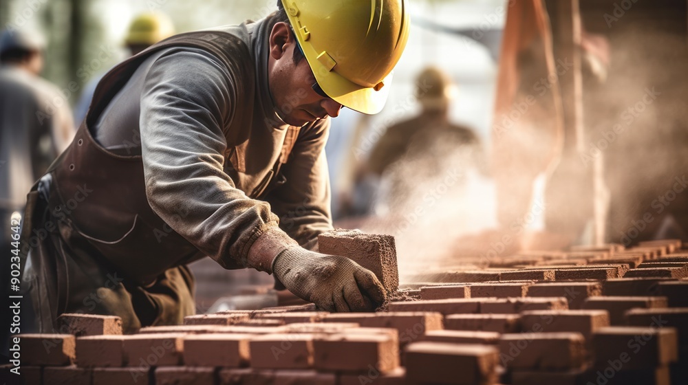 Focused image of a professional bricklayer using a trowel to spread ...
