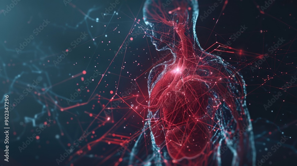 An abstract depiction of the human circulatory system with glowing ...