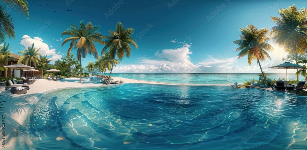 360 degree photo of luxury resort in the Maldives, pool and beach, palm ...