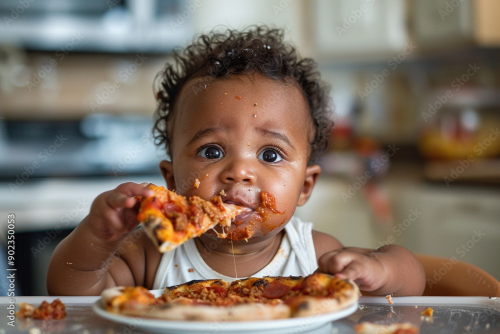 African-American cute little baby kid child eating unhealthy food with ...