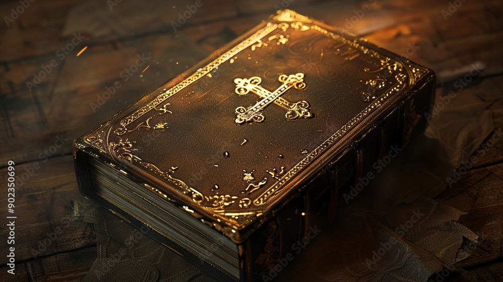 Brown Bible with Golden Details: Open Bible Featuring a Golden Cross in ...