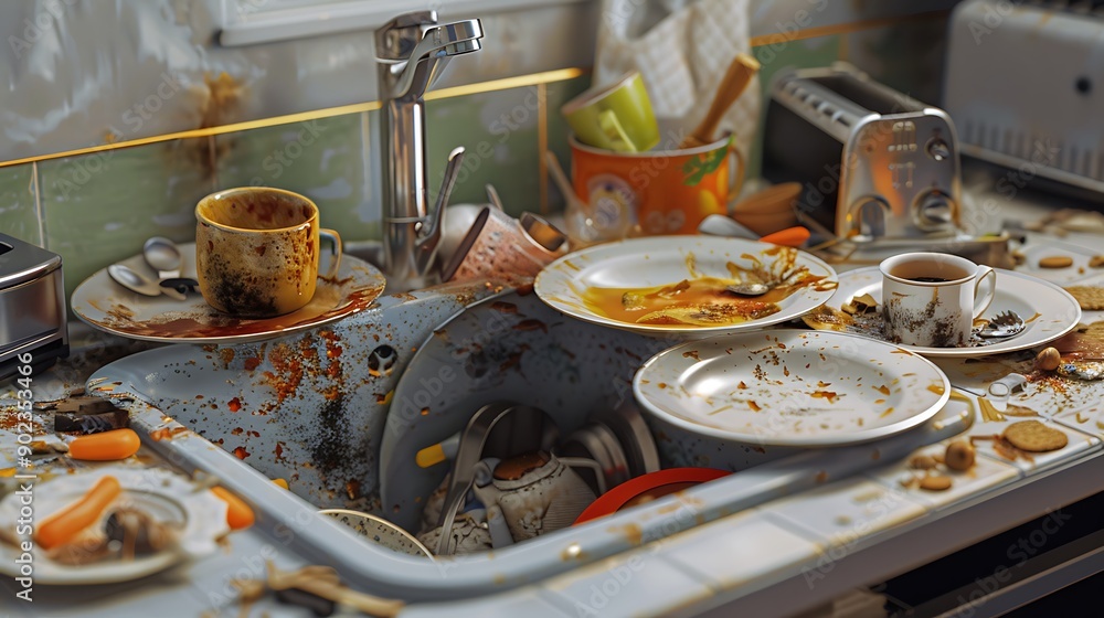 a small kitchen sink overflowing with dirty dishes, including stained ...