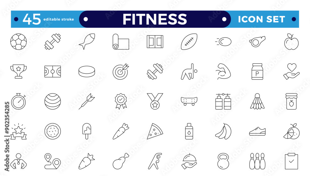 Gym and fitness icon set. Containing healthy lifestyle, weight training ...
