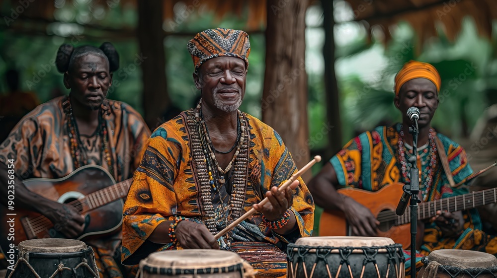 African Musicians in traditional attire playing instruments at a ...