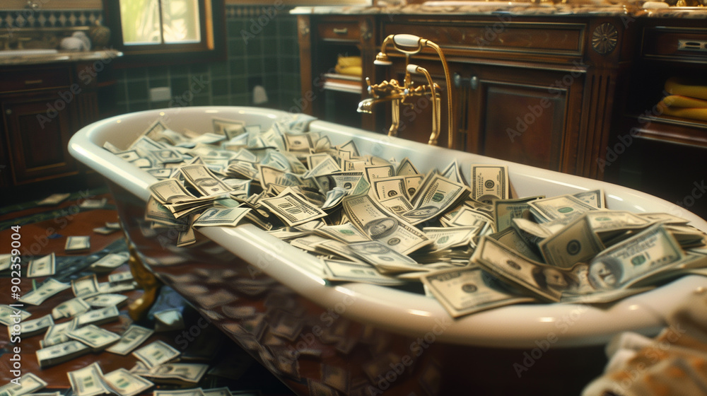 The bathtub, filled with water and floating dollar bills, turns an ...