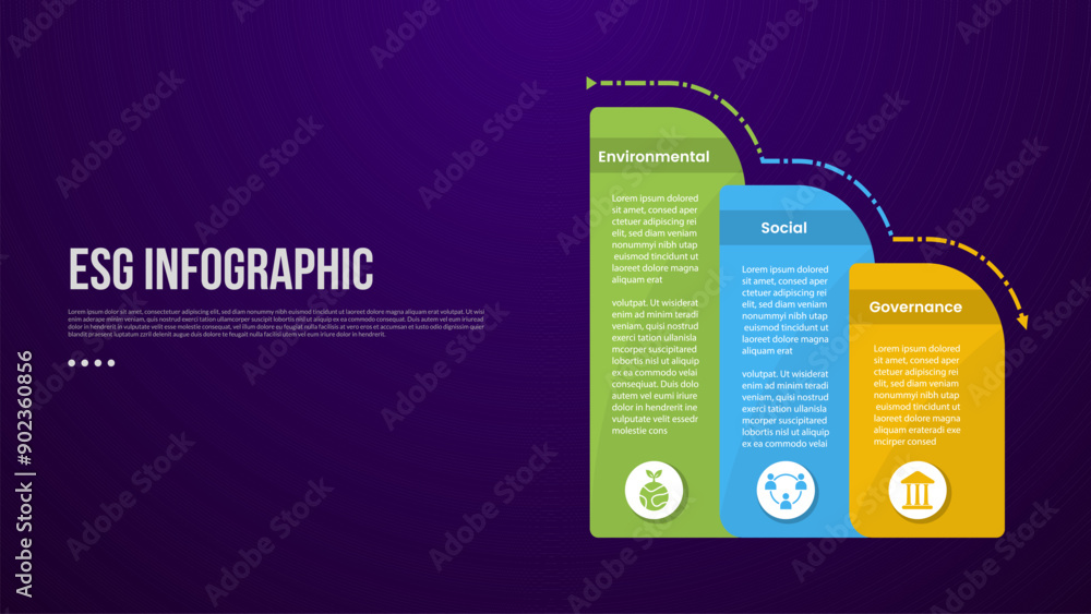 ESG infographic template with round box container decrease gradually with dark background style ...