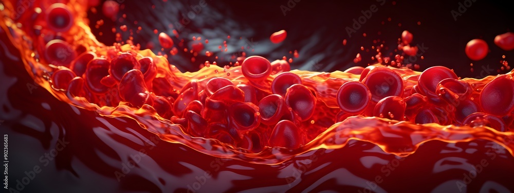 Close-up of a blood vessel with platelets and lipids flowing through it ...