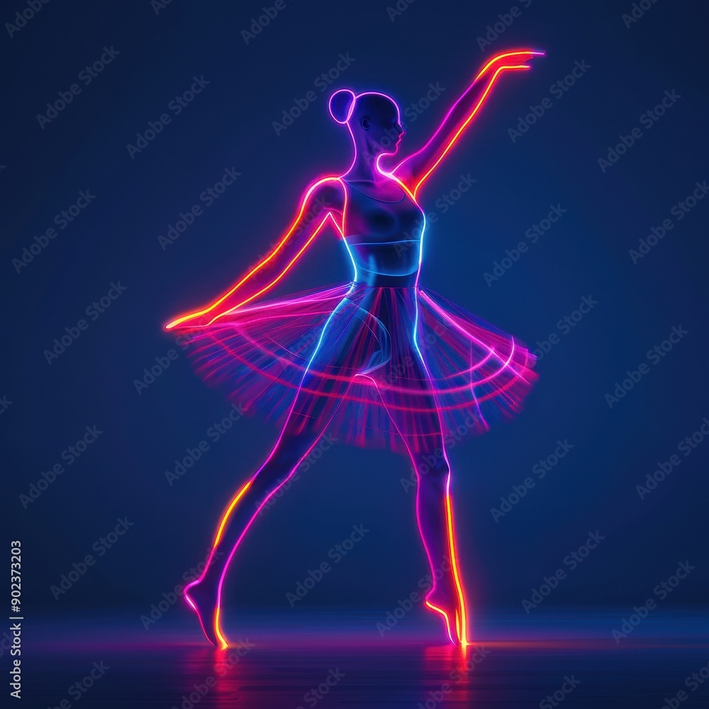 Neon ballerina outlined in vivid colors performing a graceful dance in ...