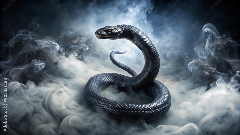 Black serpent slithering in a dense cloud of smoke, nature, swirling ...