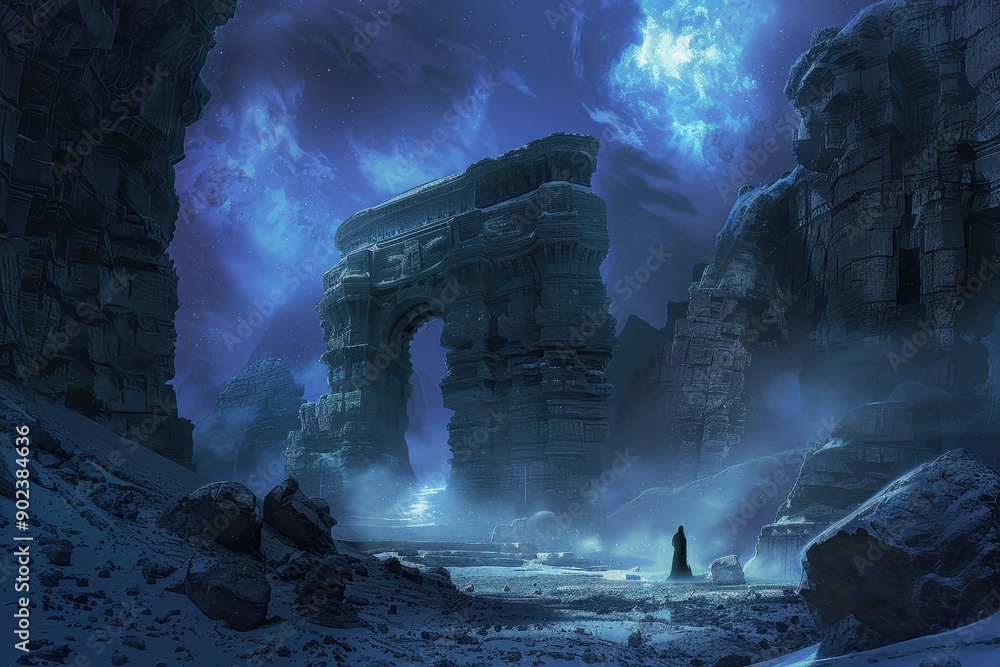Ancient Alien Ruins in a Snowy Mountain Pass Stock Illustration | Adobe ...