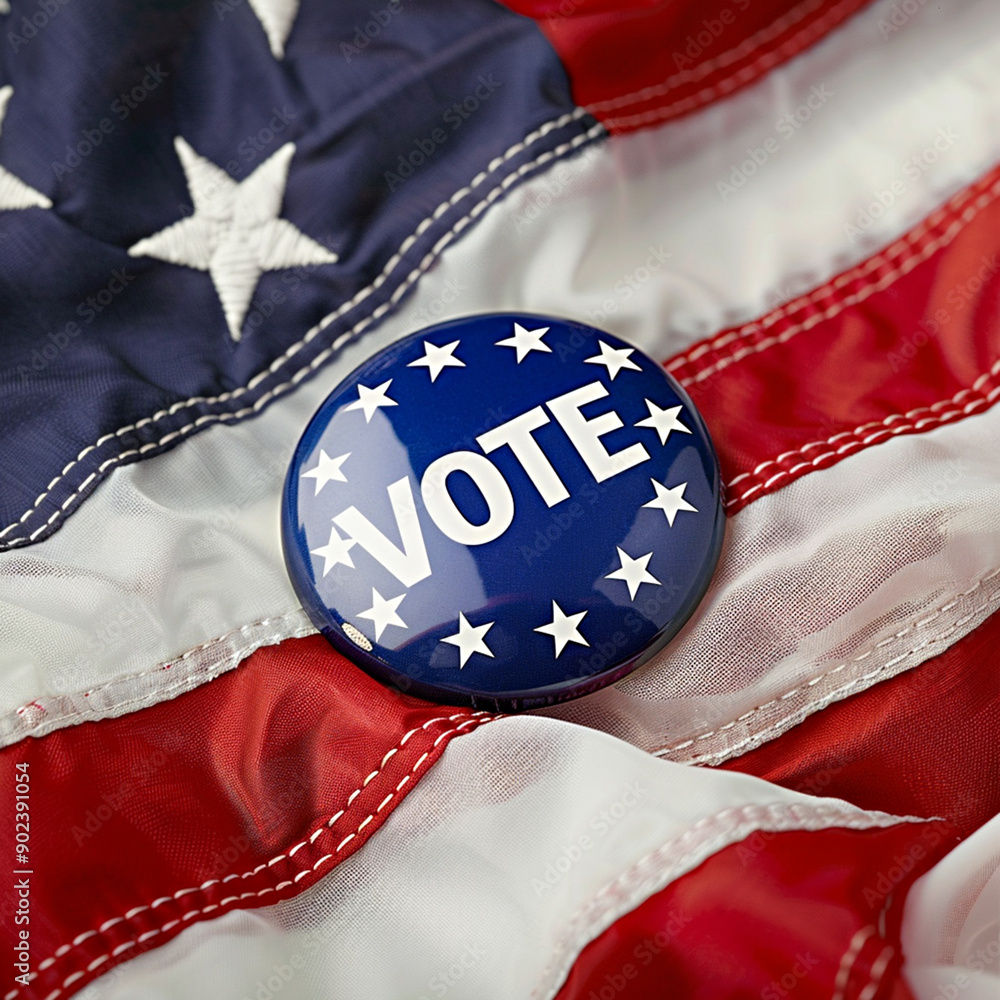 Election Symbols. A VOTE button lying on top of an American flag on a ...
