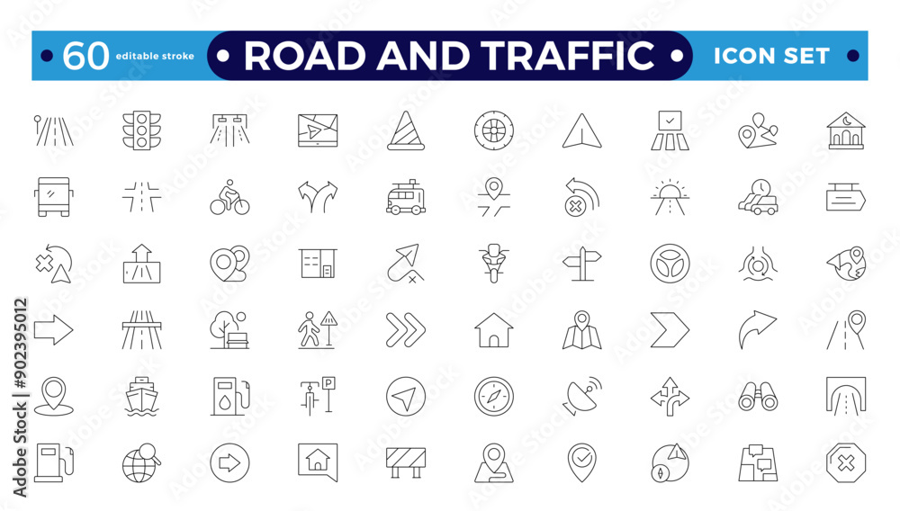Road and traffic signs outline icons. Collection of warning, mandatory ...