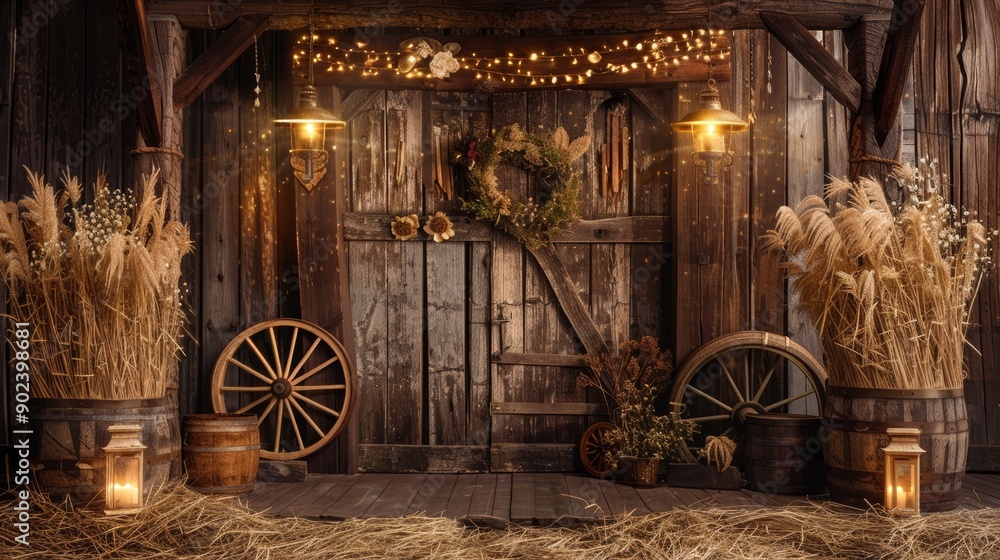 backdrop western house barn with straw and wooden wheels, vintage decor ...