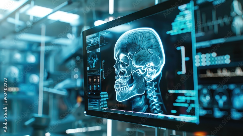 Plastic surgery of body using AI technology, examining x-ray screen for ...