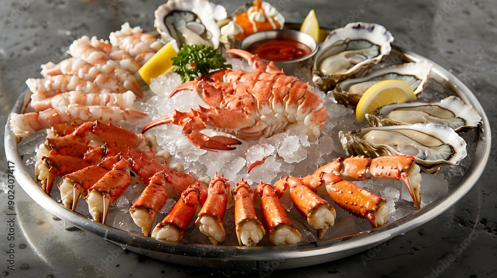 Seafood platter presentation with gourmet lobster tails, king crab legs ...