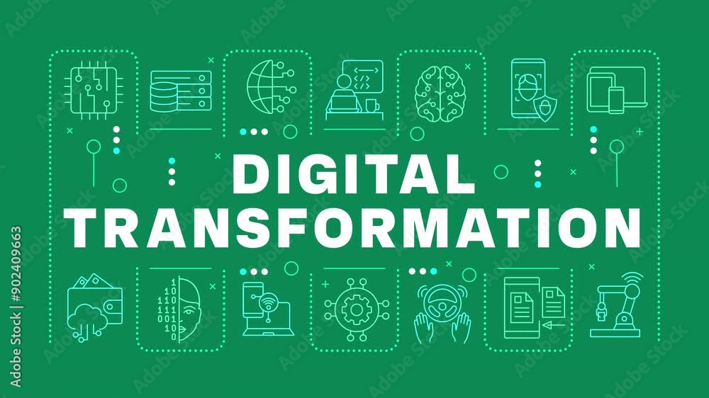 Digital transformation word banner animation. Face recognition ...