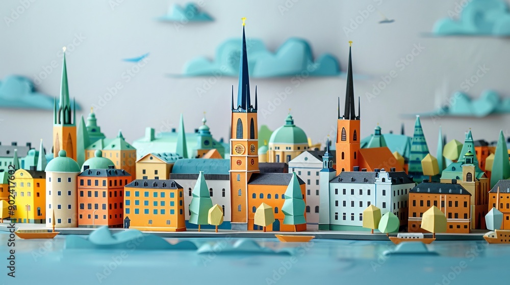 Minimalist papercraft artwork of Stockholm, featuring Gamla Stan, the ...