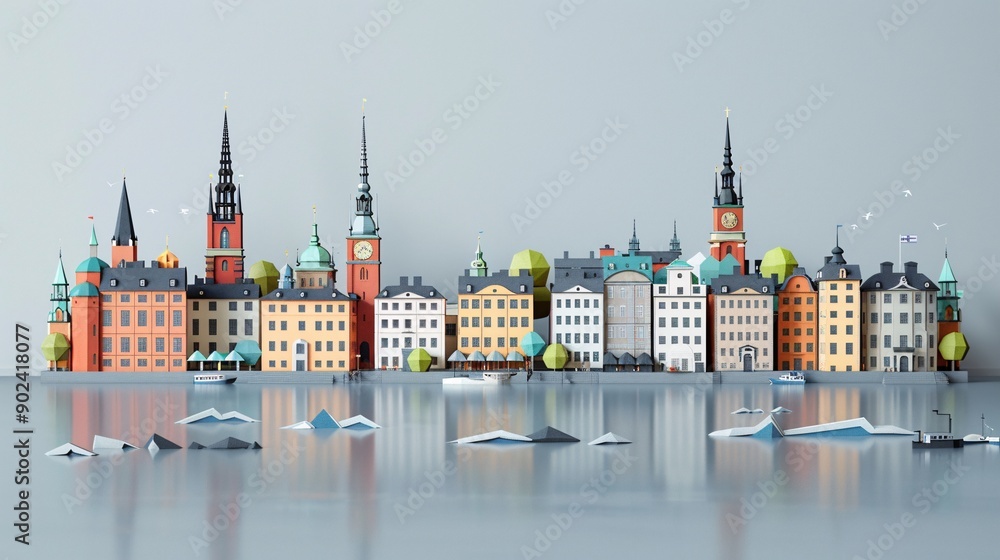 Papercraft depiction of Stockholm's historic landmarks including Gamla ...
