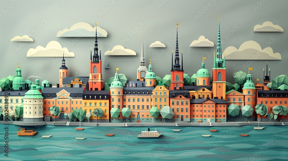 Papercraft depiction of Stockholm's historic landmarks including Gamla ...