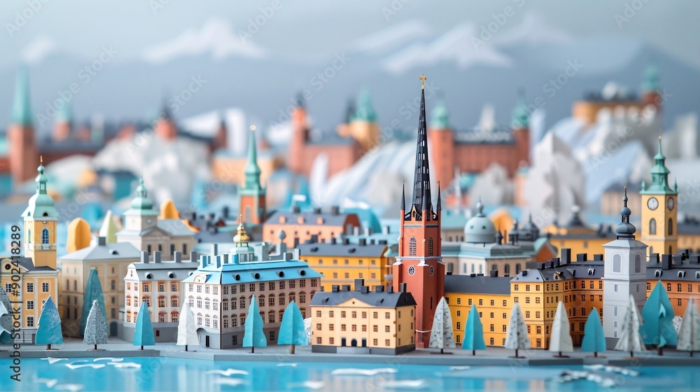 Papercraft depiction of Stockholm's historic landmarks including Gamla ...