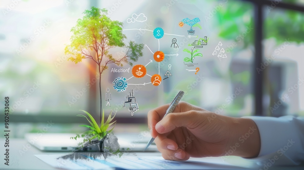 Zoomed-in image of a hand crafting a mind map on sustainable practices ...