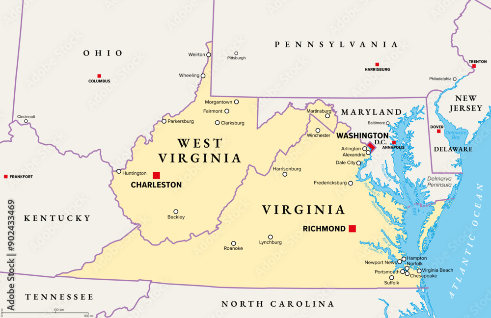 The Virginias, political map. The two Virginias, two states in the ...