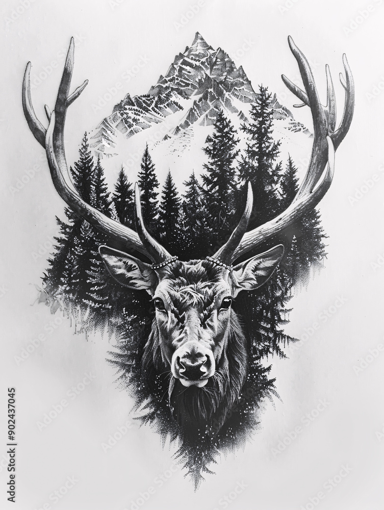 Detailed pencil drawing of a deer head with antlers emerging from a ...