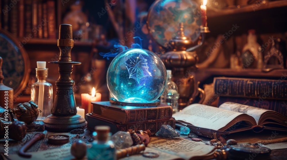 A cluttered wizard's desk displays glowing artifacts, spell books, and ...