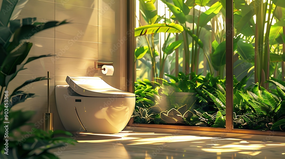 Illustrate a luxury toilet room with a compact, modern toilet bowl and ...