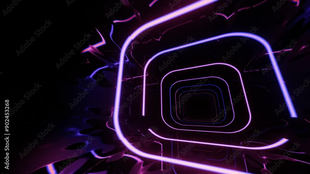 4k seamless looped animation. Fly through mirror tunnel with neon pattern, glow lines form sci ...