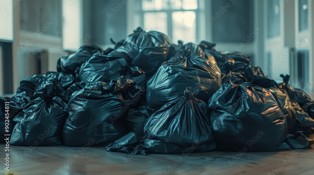 Many garbage bags and full waste bin at clean modern house, waste ...