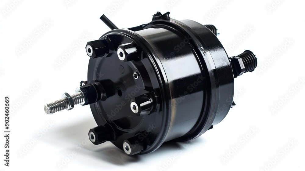On a white, isolated background, a black metal vacuum brake booster is ...