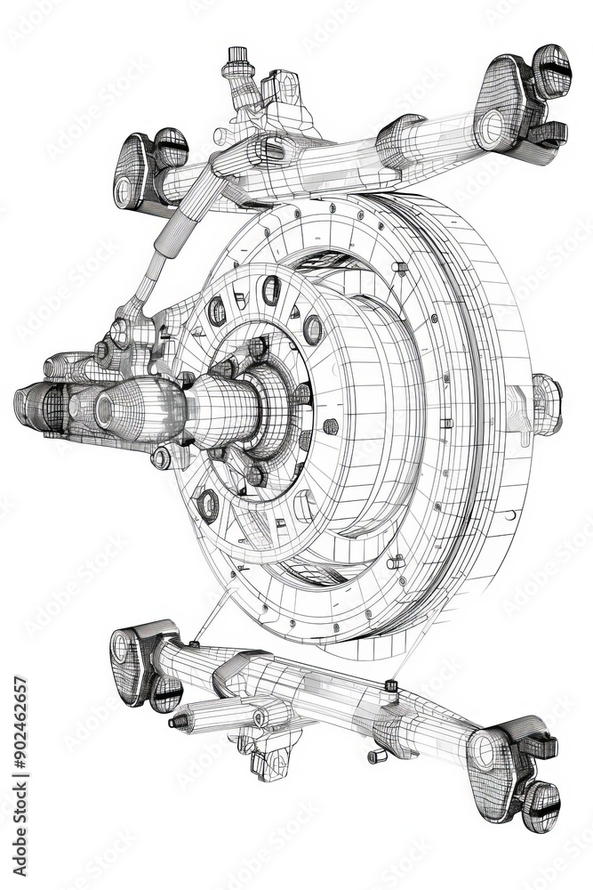 Brake disc outline on car dampers. 3D rendered in vector format. wire ...
