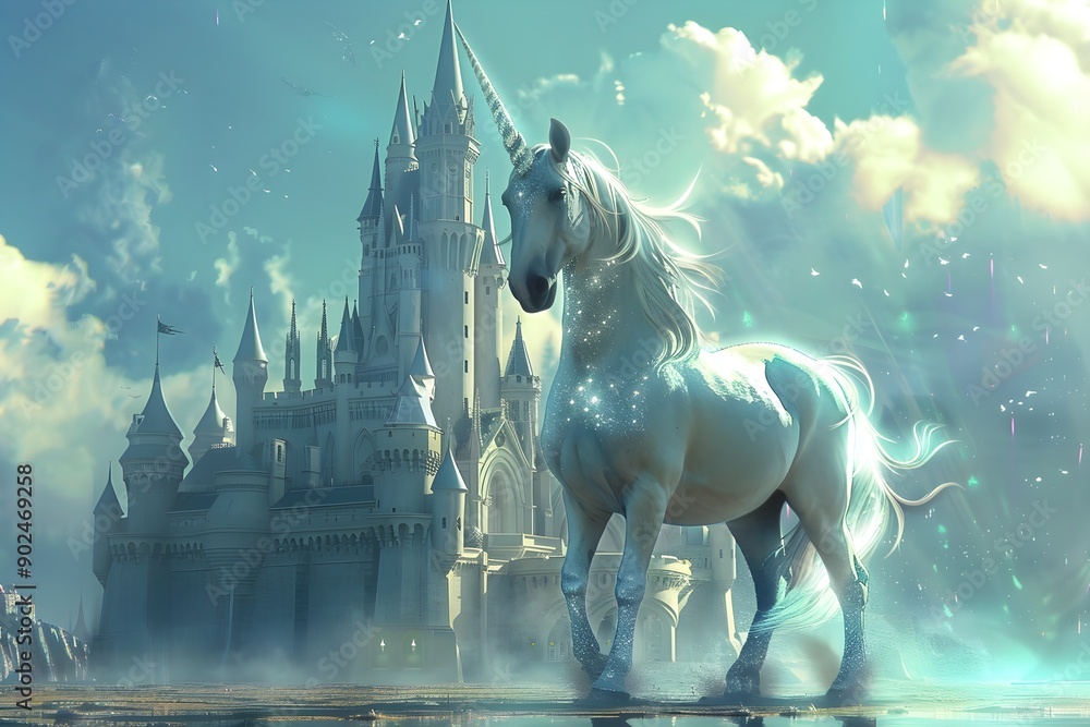 Unicorn with a Shimmering Silver Coat and Glittering Horn in Front of a ...
