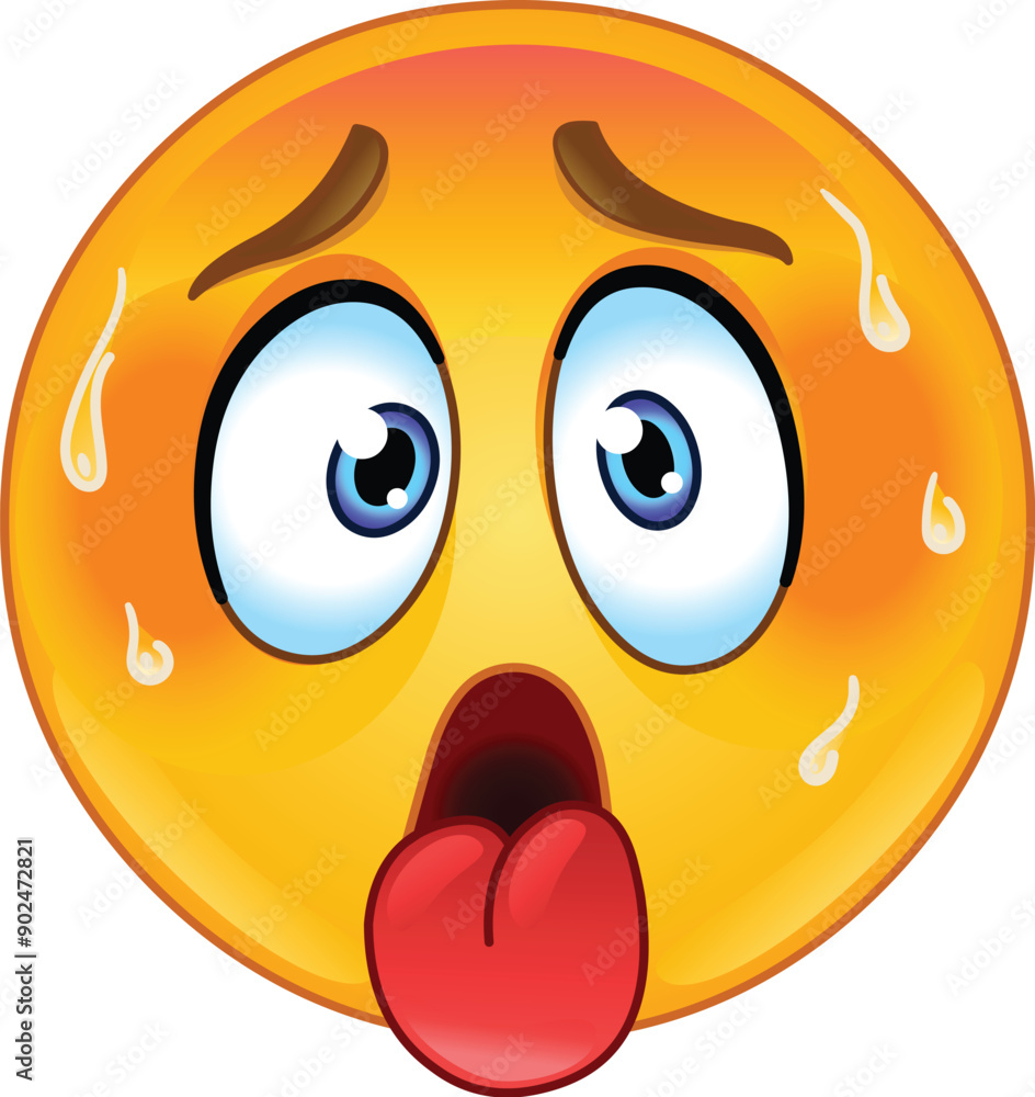 Hot face emoji emoticon with sweat drops, tongue out, and a flushed ...